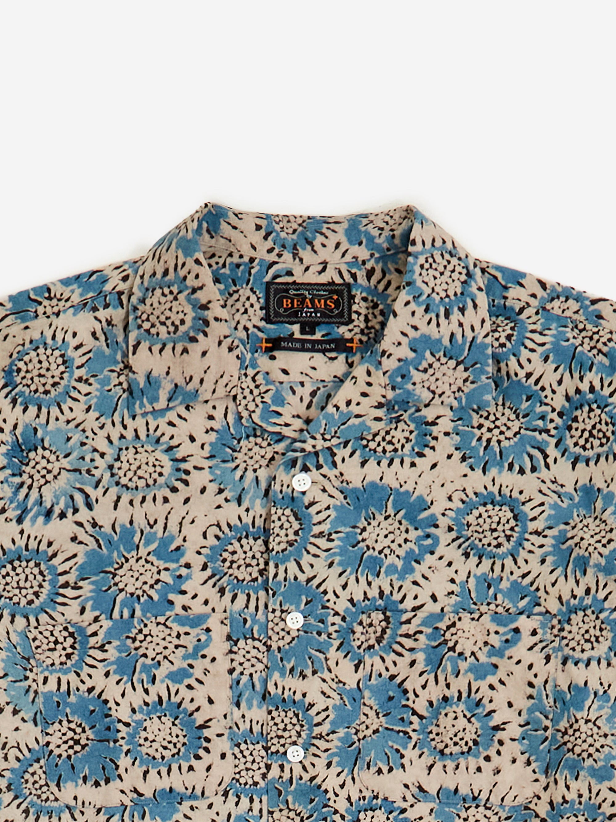 Beams Plus Open Collar Block Print Sun Flower - Blue – Goodhood