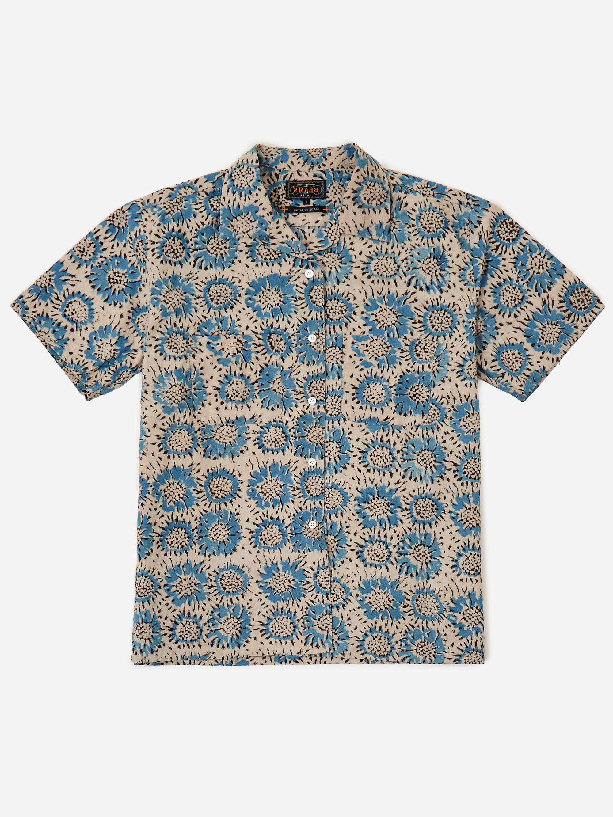 Beams Plus Open Collar Block Print Sun Flower - Blue – Goodhood