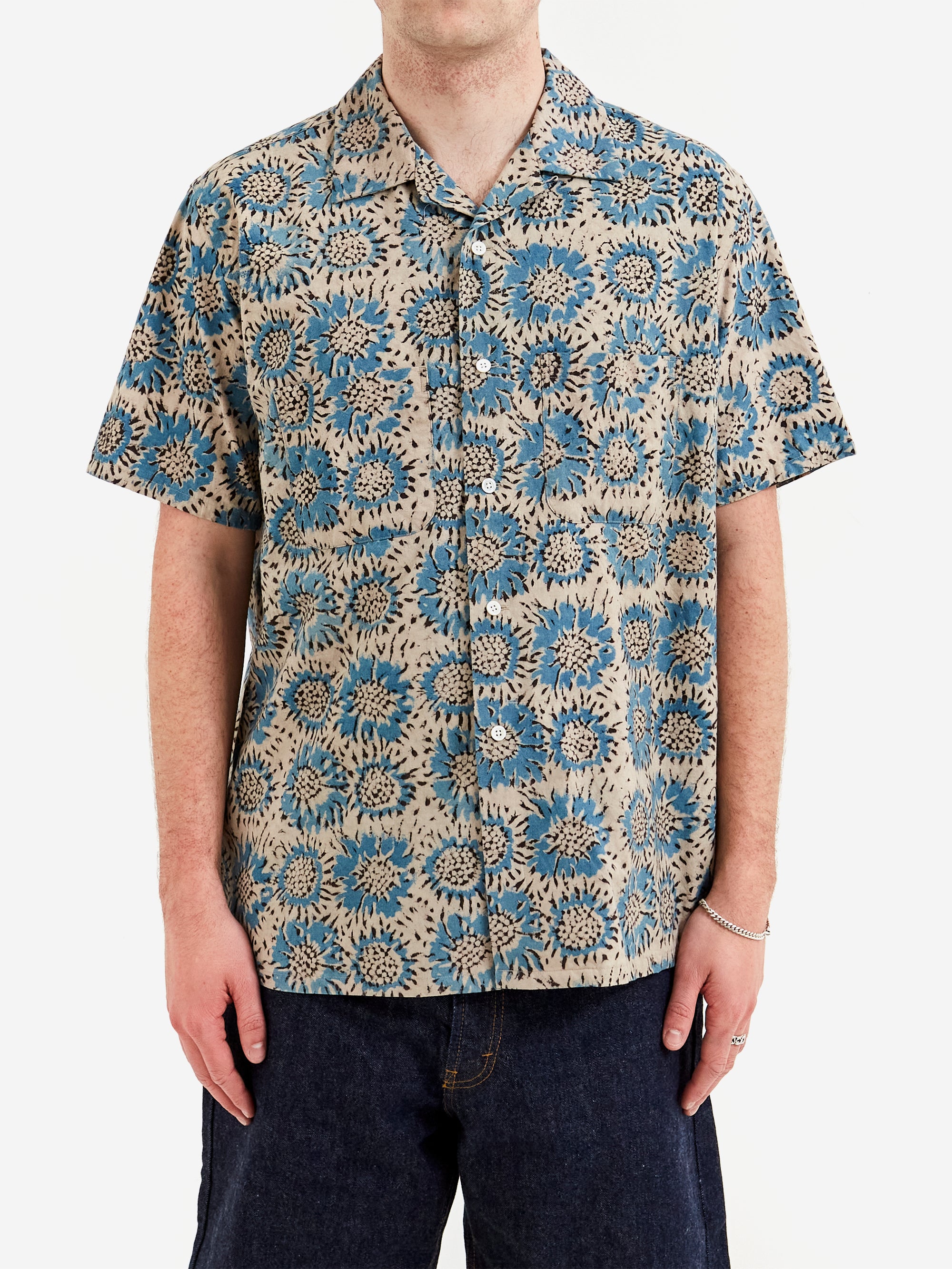 Beams Plus Open Collar Block Print Sun Flower - Blue – Goodhood