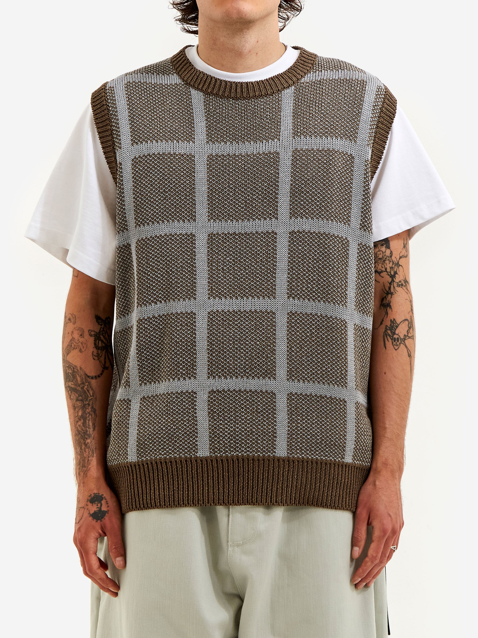 C.E Cav Empt Grid Loose Knit Vest - Khaki – Goodhood