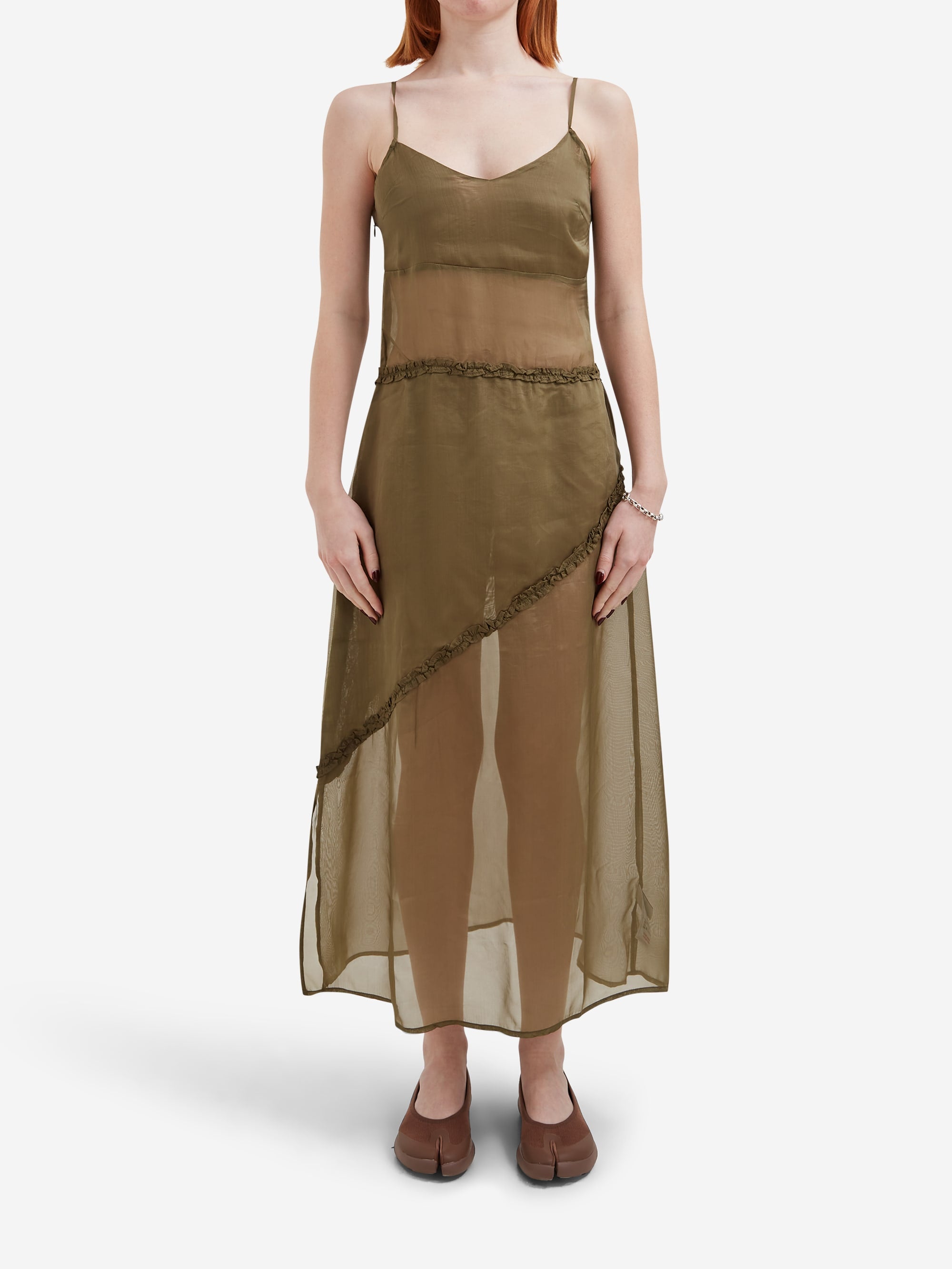 Damson Madder Sasha Ruffle Slip Dress - Sheer Olive – Goodhood