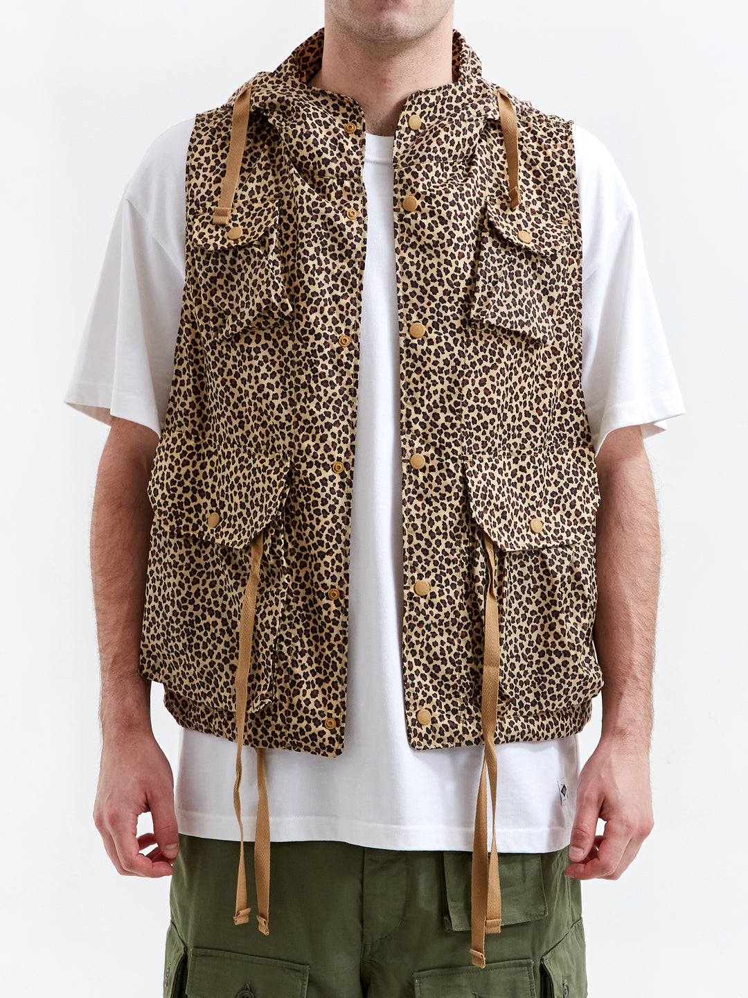 Engineered Garments Field Vest - Khaki Leopard Print – Goodhood