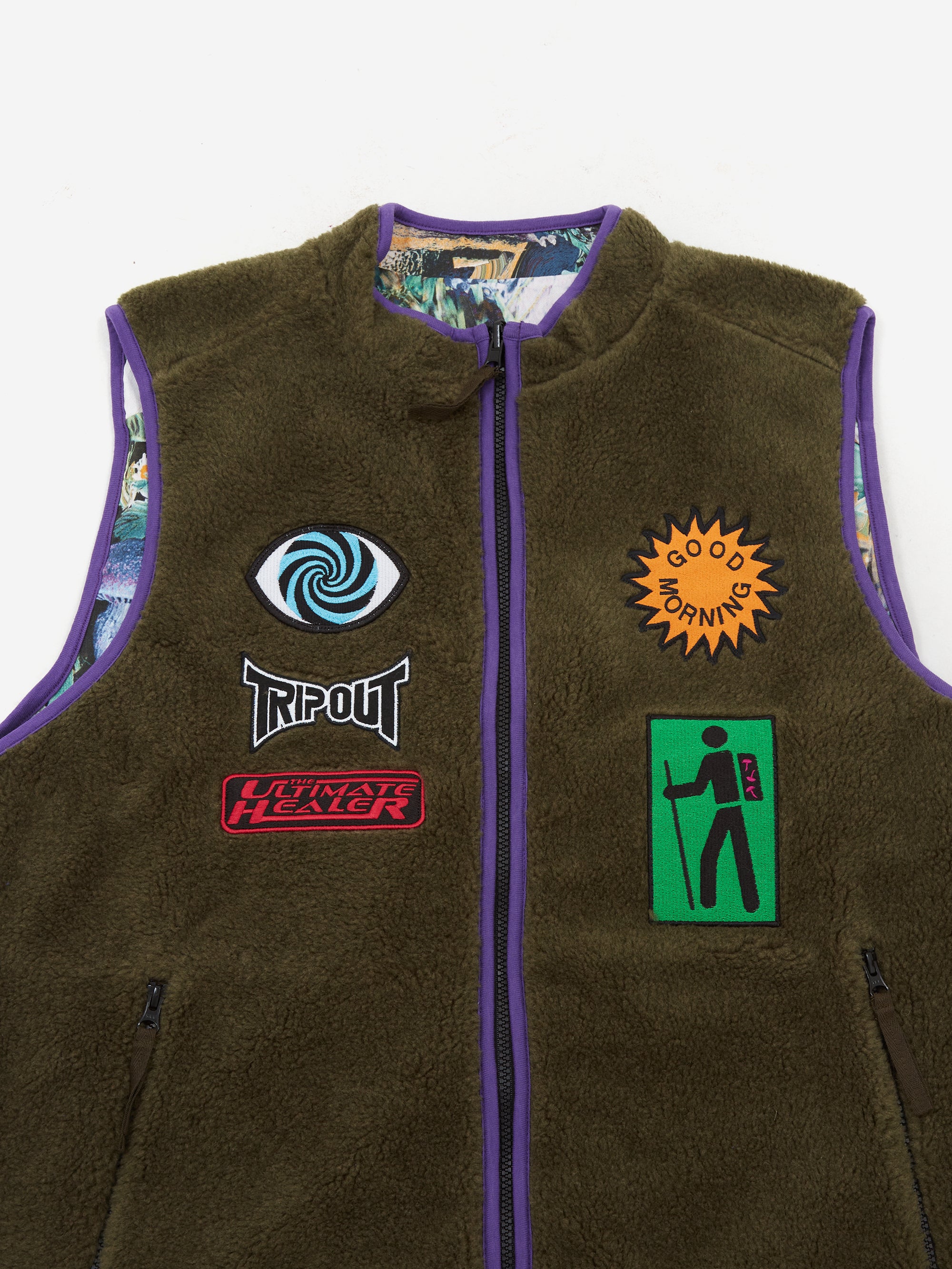 Good Morning Tapes Reversible Polar Fleece Zip Thru Vest - Moss/Shroom ...