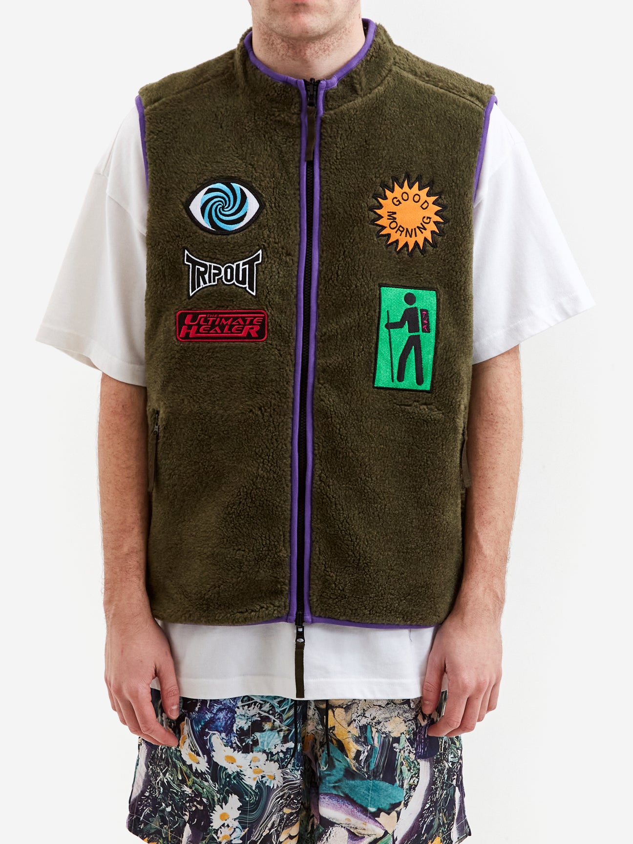 Good Morning Tapes Reversible Polar Fleece Zip Thru Vest - Moss/Shroom ...
