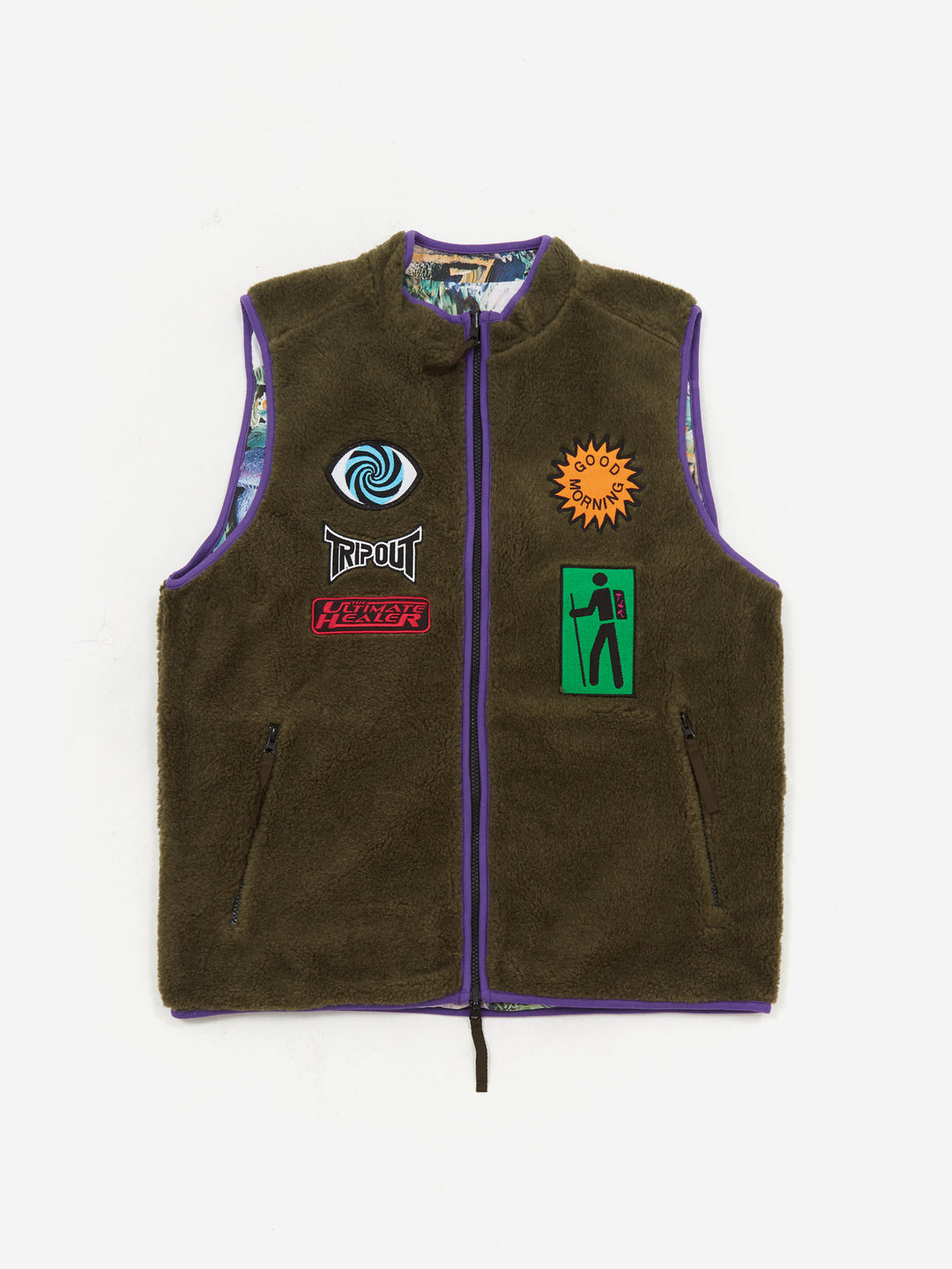 Good Morning Tapes Reversible Polar Fleece Zip Thru Vest - Moss/Shroom ...
