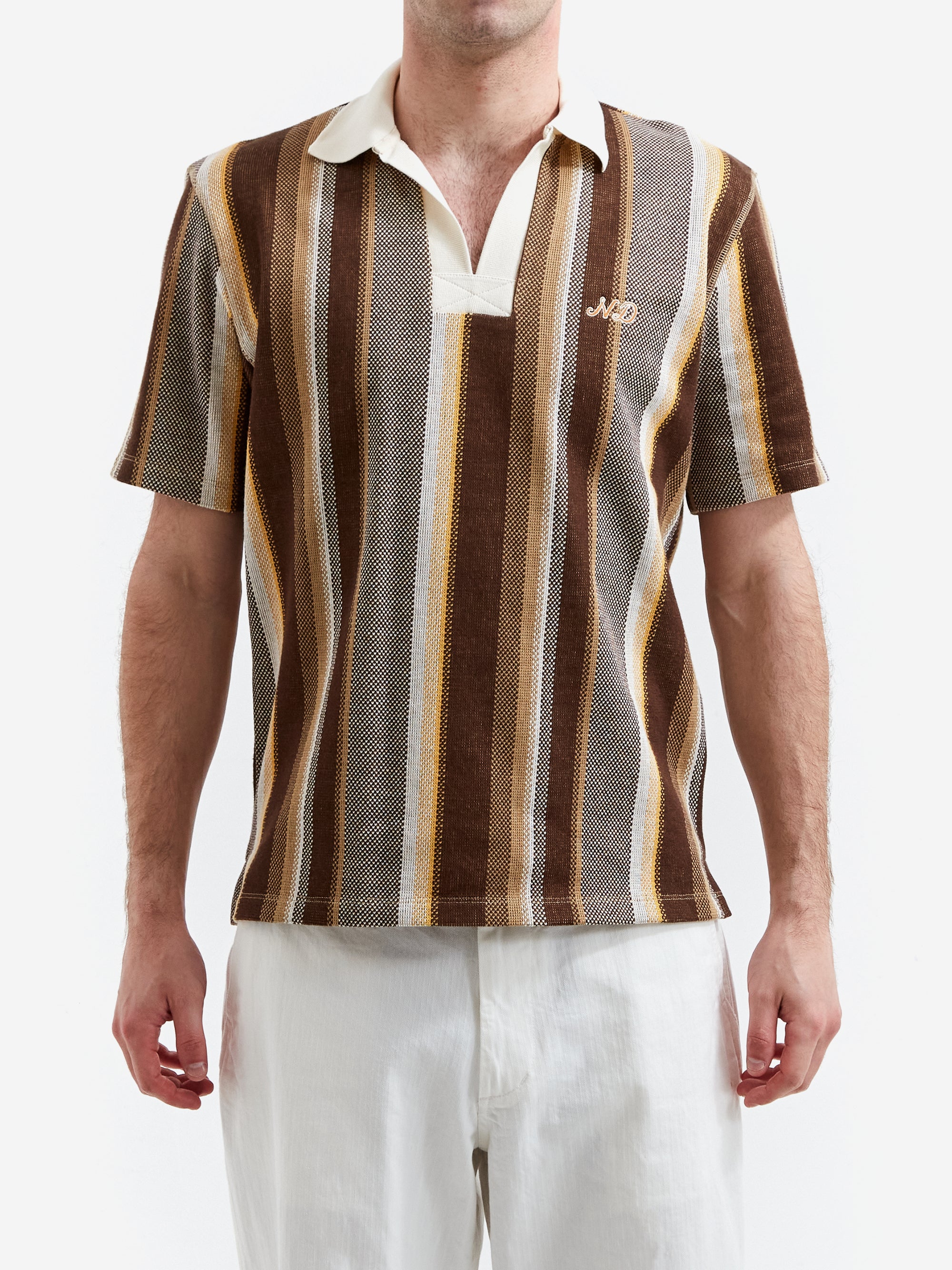 Nicholas Daley Short Sleeve Striped Polo - Brown/Ecru/Mustard – Goodhood