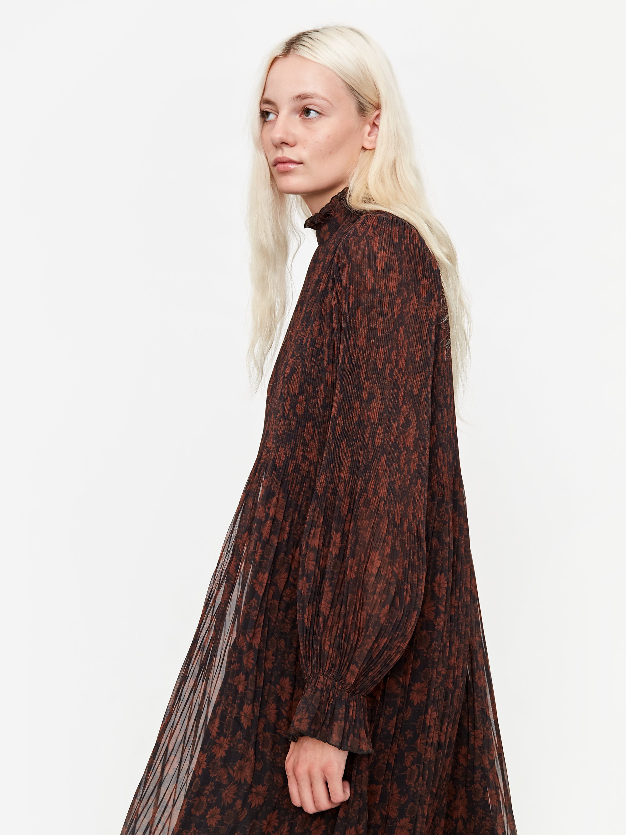 Ganni Pleated Georgette Midi Dress - French Roast | Goodhood