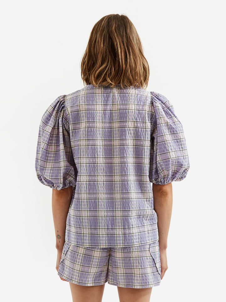 Ganni Seersucker Check V-Neck Blouse - Check Persian Violet – Goodhood